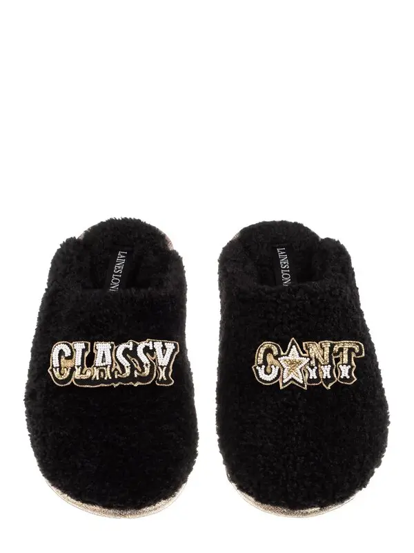 LAINES LONDON Teddy Closed Toe Slippers With Embellished Brooches - Black