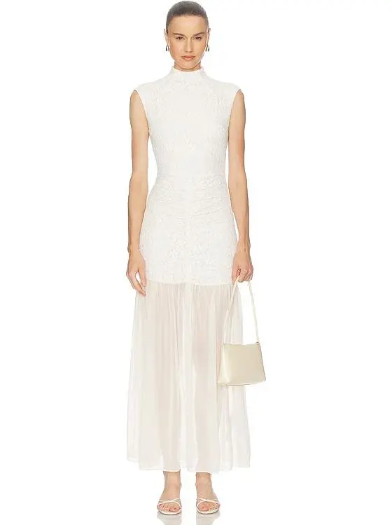 ROTATE BY BIRGER CHRISTENSEN Lace Ruched Mock Neck Maxi Dress - Egret