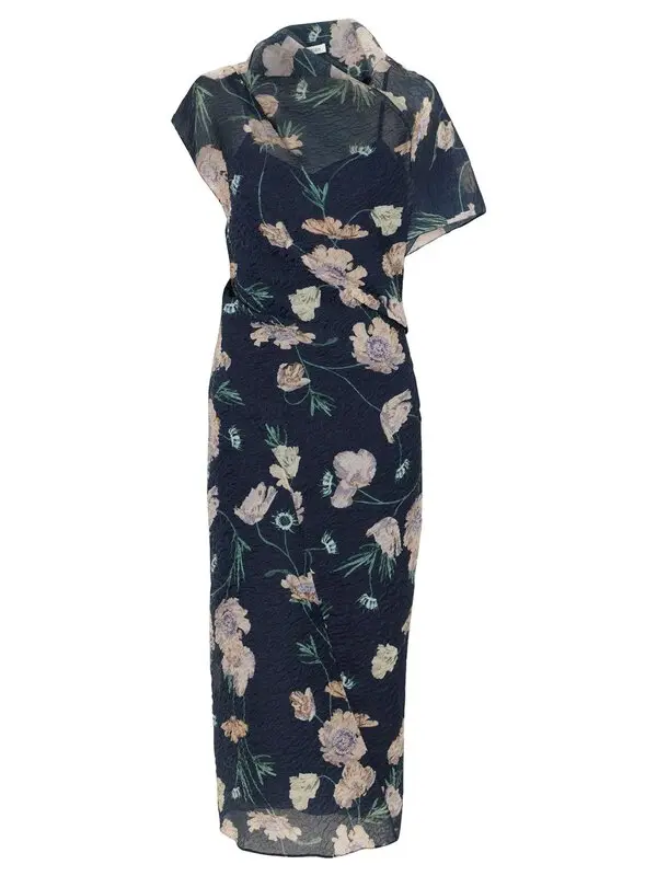 Erdem Floral-printed Organza-clochè Asymmetrical Midi Dress - Blue