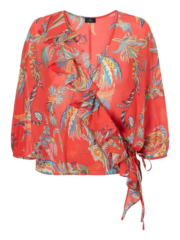 Etro Printed Cotton Ruffled Blouse - Red