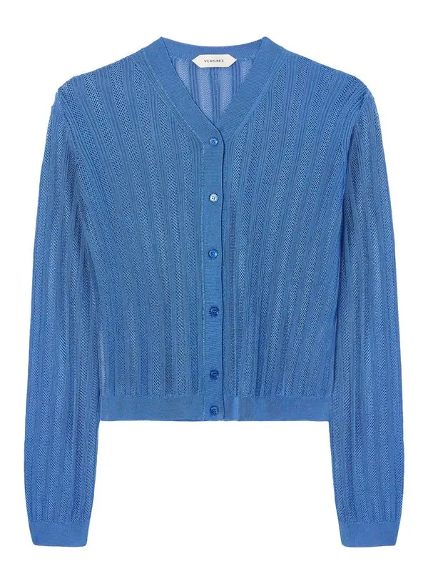 Versace Medusa Embellished Ribbed Crochet-knit Cardigan - Blue