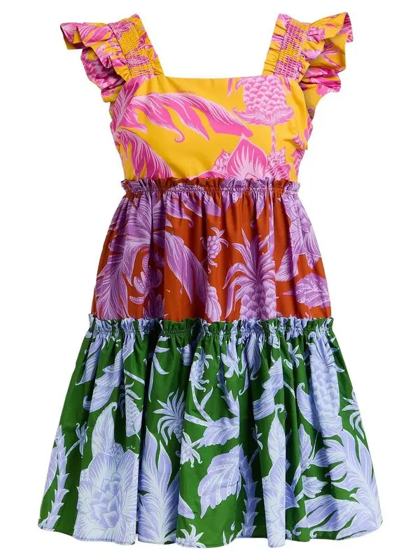 Farm Rio Tiered Printed Cottonpoplin Mini Dress - Marigold