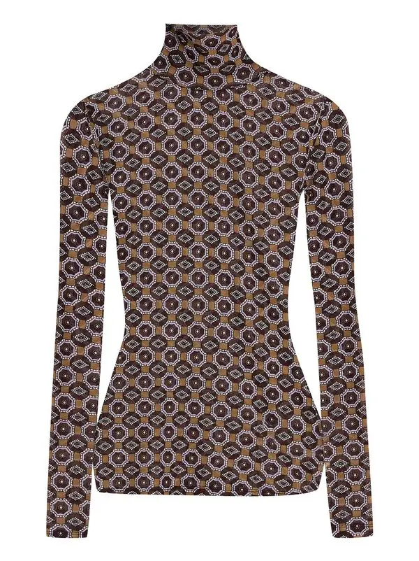 Dries Van Noten Printed Stretchmesh Turtleneck Top - Brown