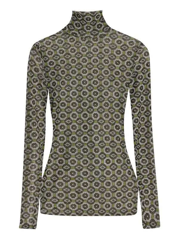 Dries Van Noten Printed Stretchmesh Turtleneck Top - Green
