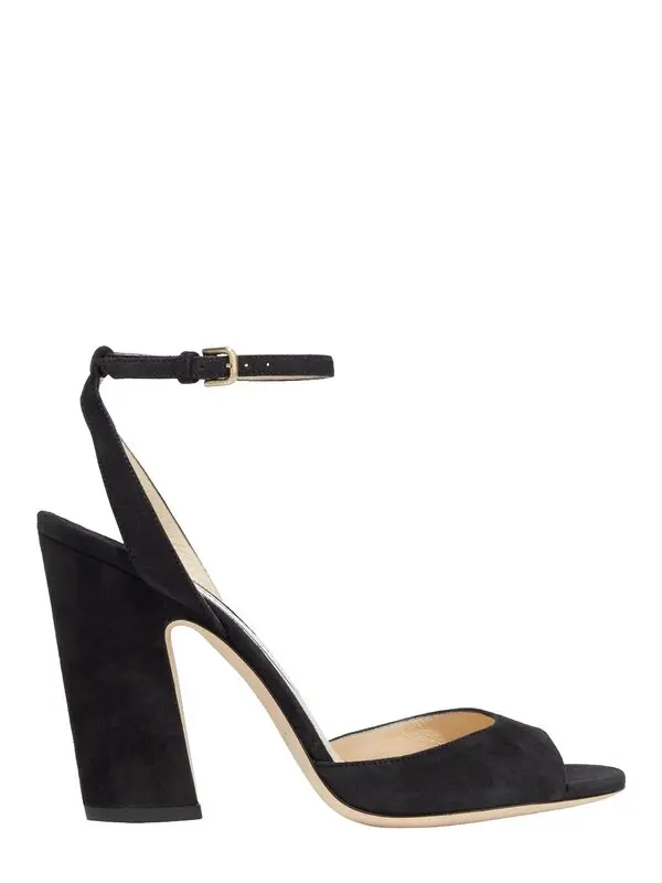 JIMMY CHOO Miranda Suede Almond Toe Block Heel Sandals - Black