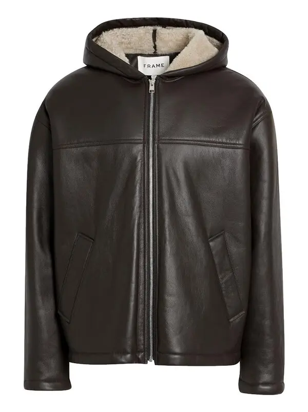 FRAME Shearling Lined Leather Hooded Jacket - Dark Brown