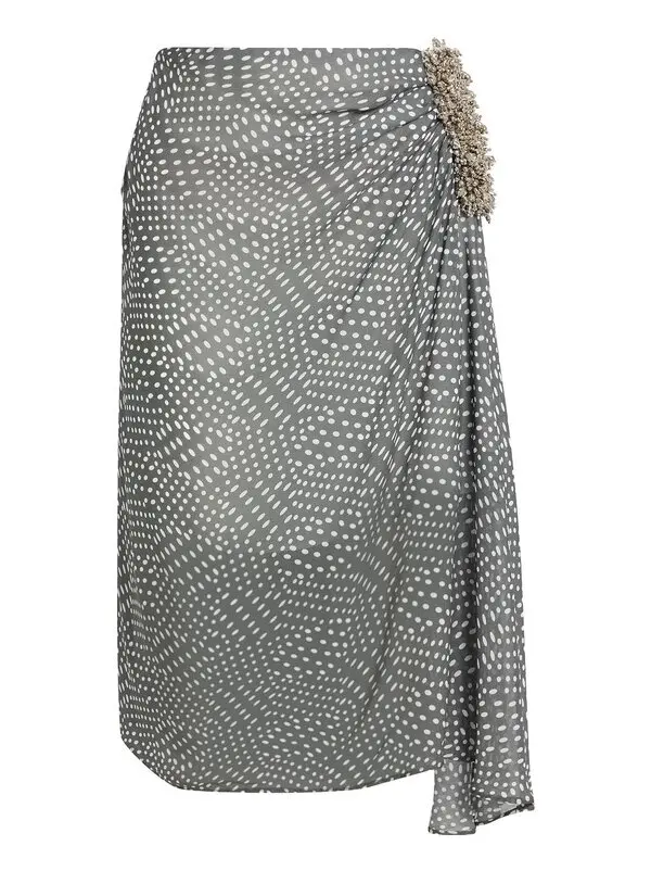 Dries Van Noten Beaded Embellished Ruched Printed Crepe Midi Skirt - Gray