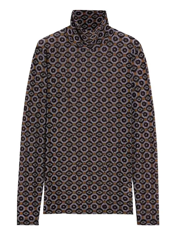 Dries Van Noten Embellished Geometric Print Stretchmesh Turtleneck Top - Brown