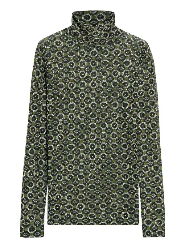 Dries Van Noten Embellished Geometric Print Stretchmesh Turtleneck Top - Green
