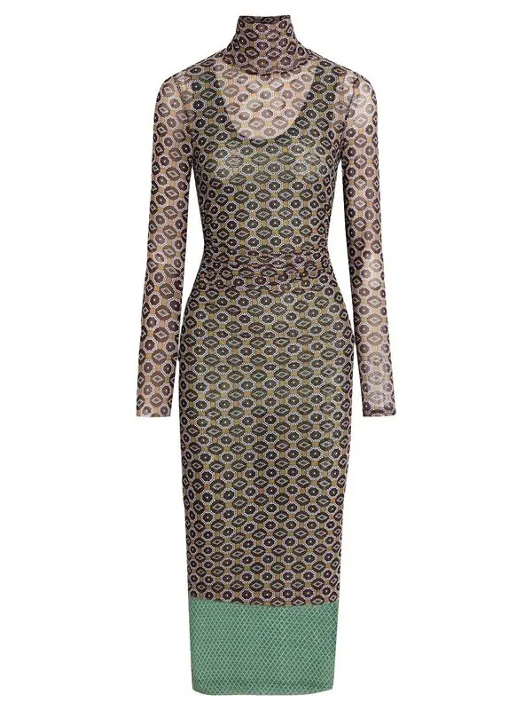 Dries Van Noten Layered Printed Stretch Mesh Turtleneck Midi Dress - Brown