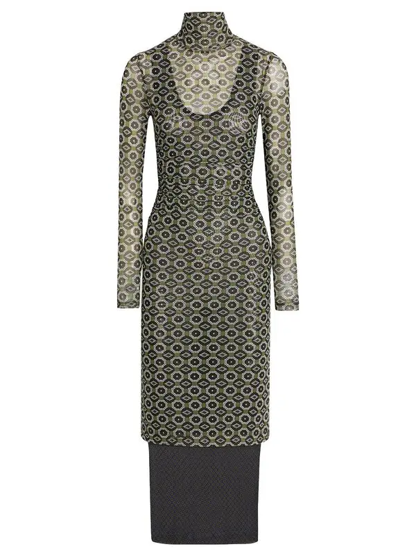 Dries Van Noten Layered Printed Stretch Mesh Turtleneck Midi Dress - Leaf Green