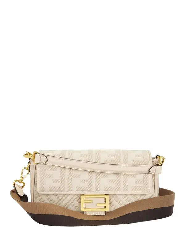 Fendi Vitello King Ff Embroidered Mini Baguette Shoulder Bag - Poudre