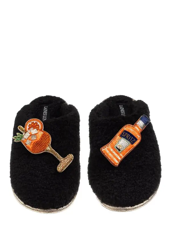 LAINES LONDON Teddy Closed Toe Slippers With Summer Spritzer Brooches - Black
