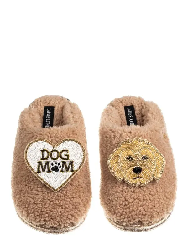 LAINES LONDON Teddy Slippers With Dog Mum And Golden Cockapoo Brooches - Brown