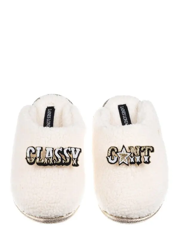 LAINES LONDON Teddy Towelling Closed Toe Slippers With Embellished Brooches - White
