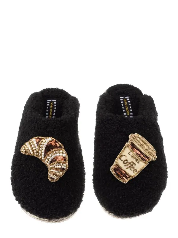 LAINES LONDON Teddy Towelling Closed Toe Slippers With Coffee And Croissant Brooches - Black