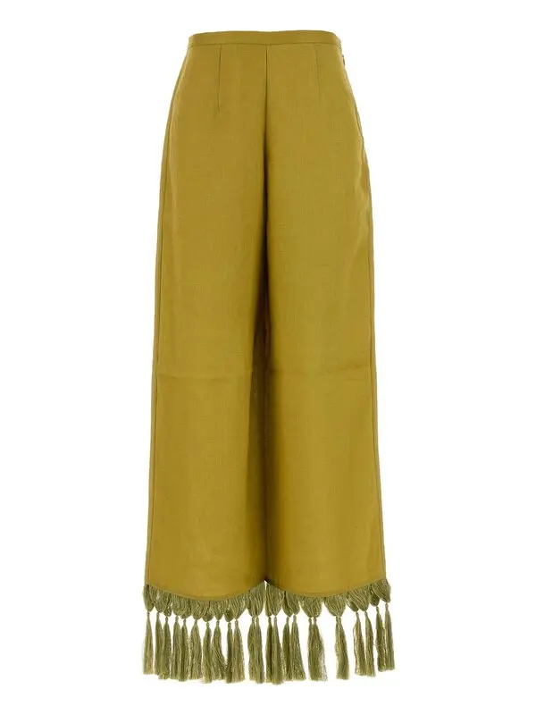 TALLER MARMO Linen Wide-leg Pants With Fringe Detail - Green