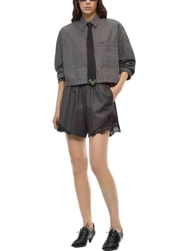 Pinko Cropped Check Shirt With Removable Embellished Tie - Grey