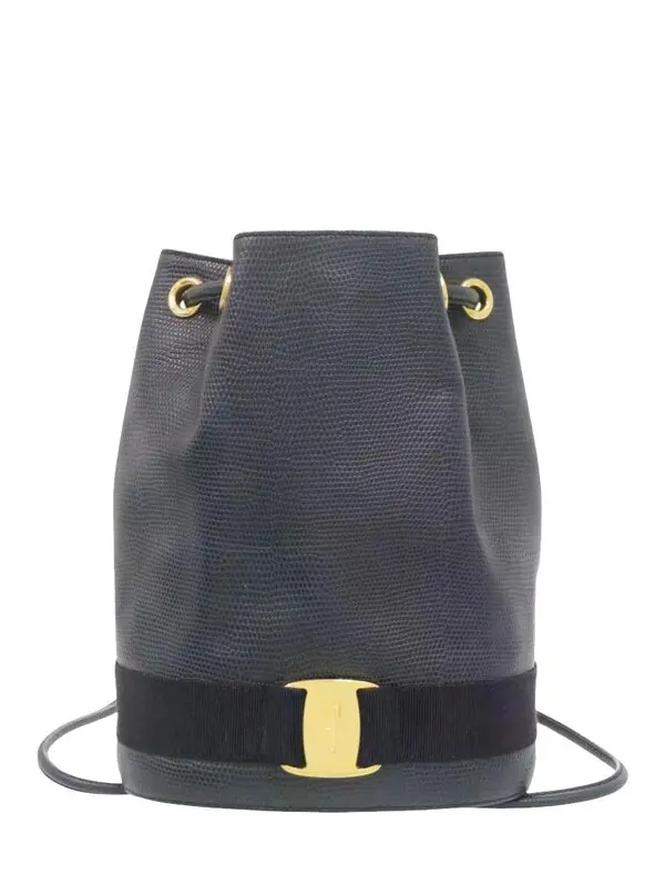FERRAGAMO Lizard Embossed Leather Vara Bow Drawstring Backpack - Blue
