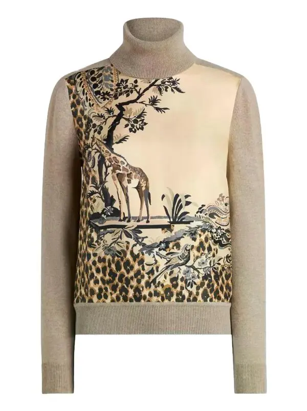 Etro Wool-blend Turtleneck Sweater With Placed Animal And Paisley Print - Neutrals