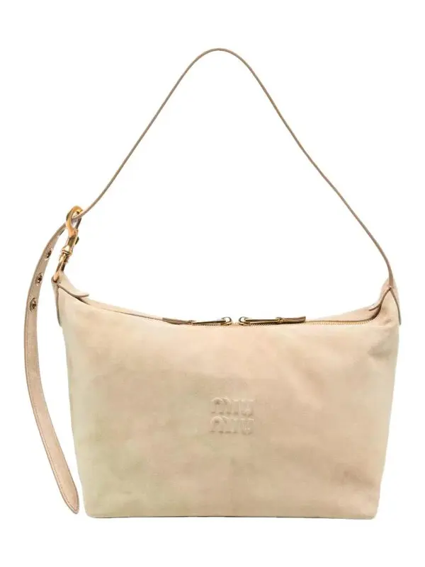 Miu Miu Suede Shoulder Bag With Embossed Logo - Neutrals