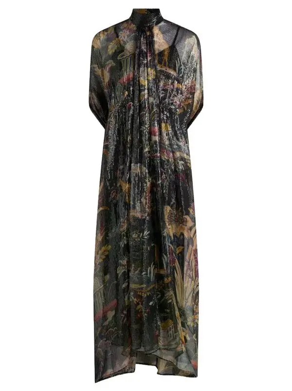 Etro Long Silk Dress With Cape Detail And All-over Print - Black