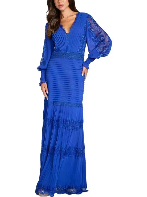 Tadashi Shoji Maxi Nyssa Bishop Lace-panelled Pleated Dress - Blue