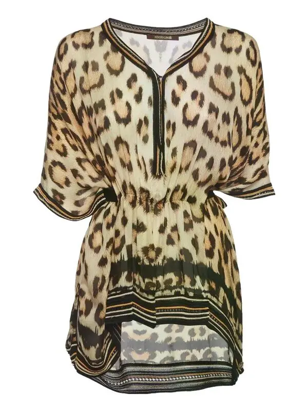 Roberto Cavalli Leopard Print V-neck Kaftan Blouse - Neutrals