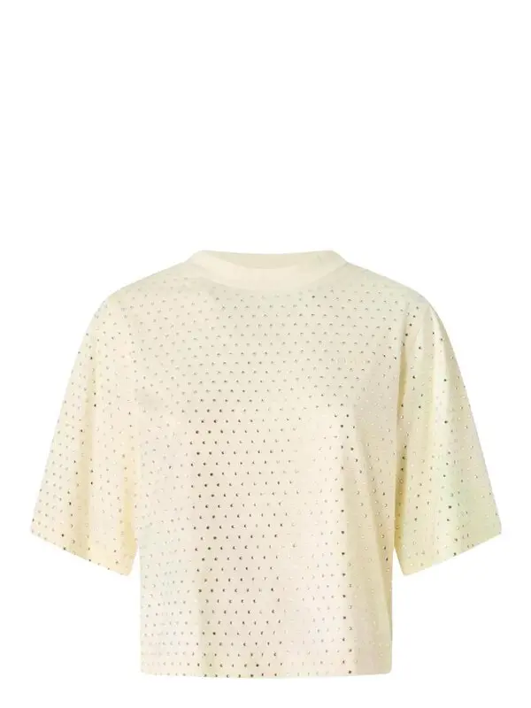 Pinko Short-sleeved Crewneck T-shirt With Rhinestones And Logo - Yellow