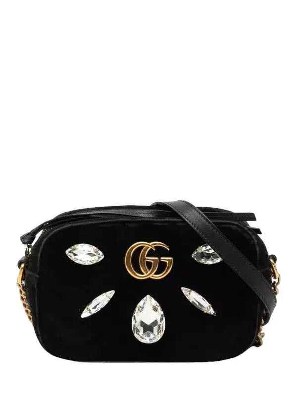 Gucci 2016-2026 Mini Gg Marmont Crystal Embellished Matelasse Velvet Crossbody Bag - Black