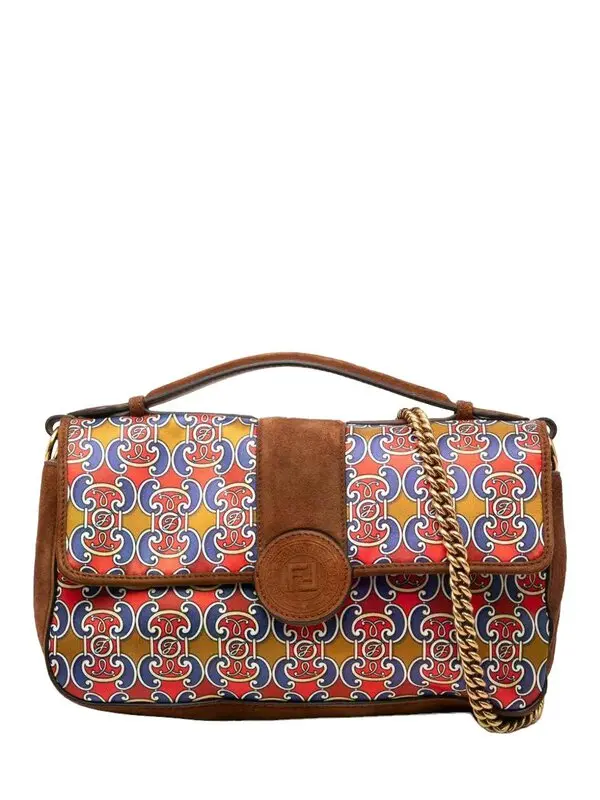 Fendi Printed Satin And Suede Double F Baguette Satchel - Brown