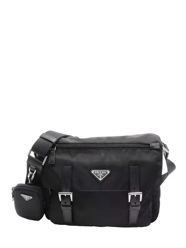 Prada Saffiano Trimmed Tessuto Zip Double Buckle Messenger Bag - Black
