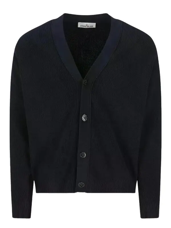 Stone Island Ribbed Knit V-neck Cardigan - Blue