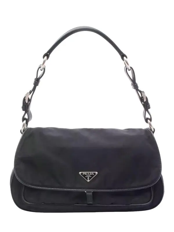 Prada Saffiano Trimmed Tessuto Shoulder Bag - Black