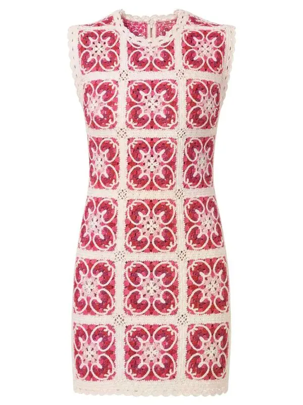 Dolce & Gabbana Crochet Knit Floral Motif Mini Dress - Pink