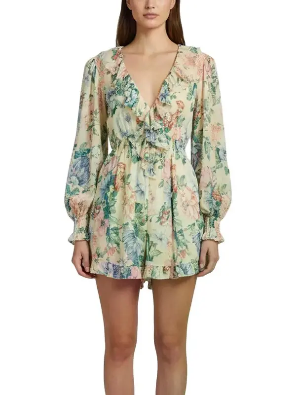 Zimmermann Floral Print V-neck Bishop Sleeve Playsuit - Neutrals