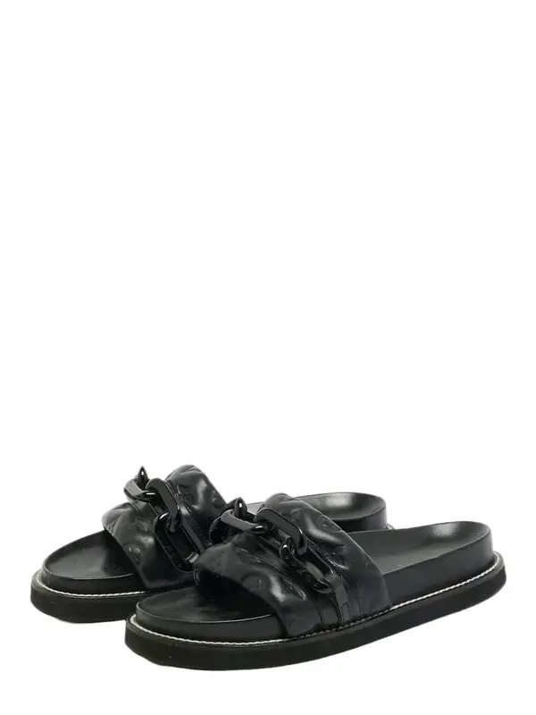 LOUIS VUITTON Leather Embossed Monogram Puffy Strap Chunky Chain Link Slides - Black