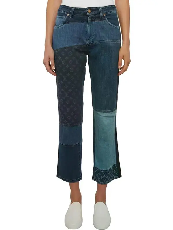 LOUIS VUITTON Monogram Patchwork Straight-leg Cropped Jeans - Blue
