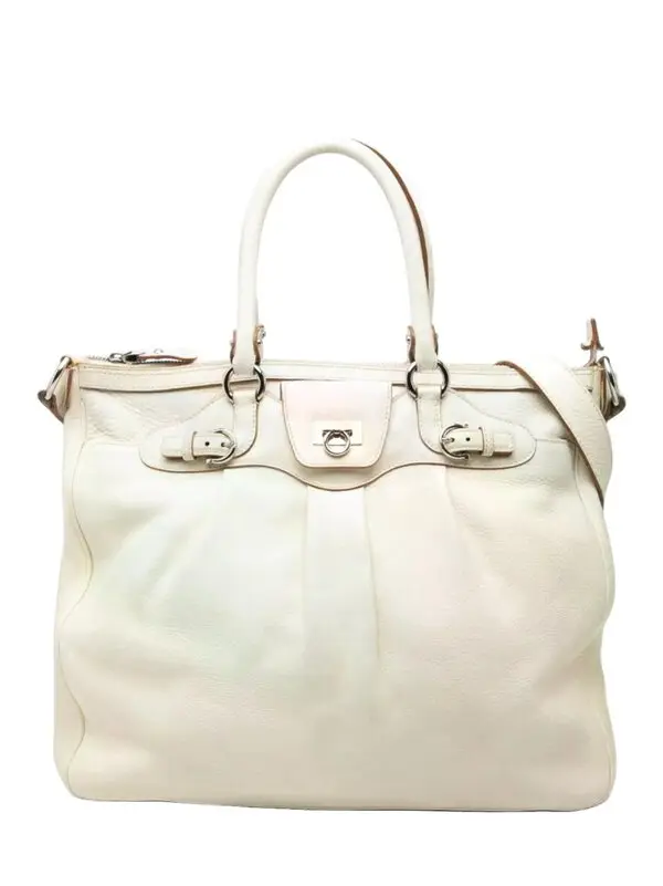 FERRAGAMO Leather Gancini Convertible Tote Satchel - White