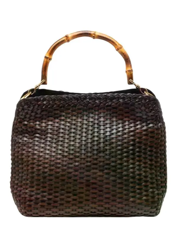 Gucci Woven Leather Bamboo Satchel - Brown