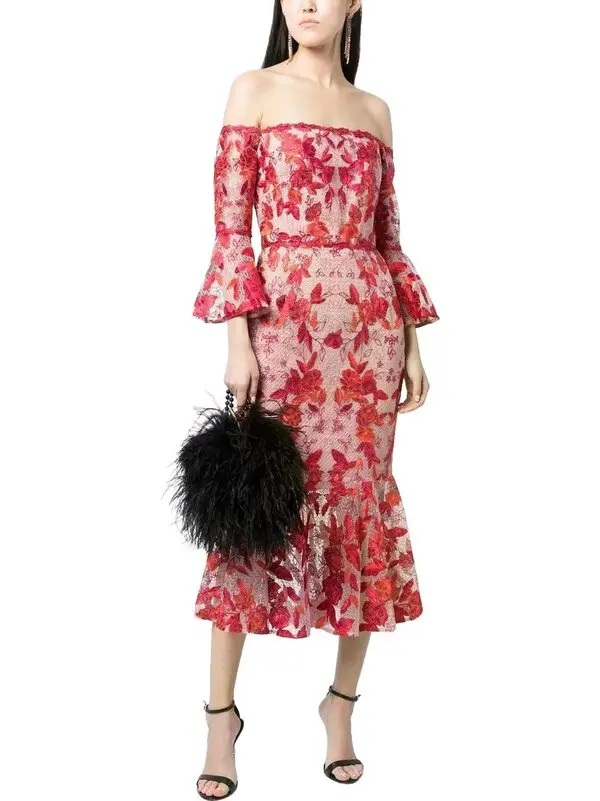Marchesa Off-shoulder Floral Embroidered Dress - Red