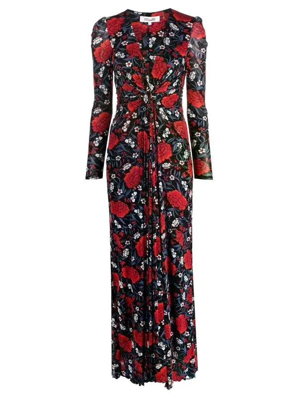 Diane Von Furstenberg Adara Maxi Dress With Floral Print And V-neck - Black