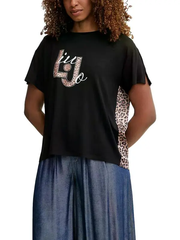 Liu Jo Leopard Print Rhinestone Embellished T-shirt - Black