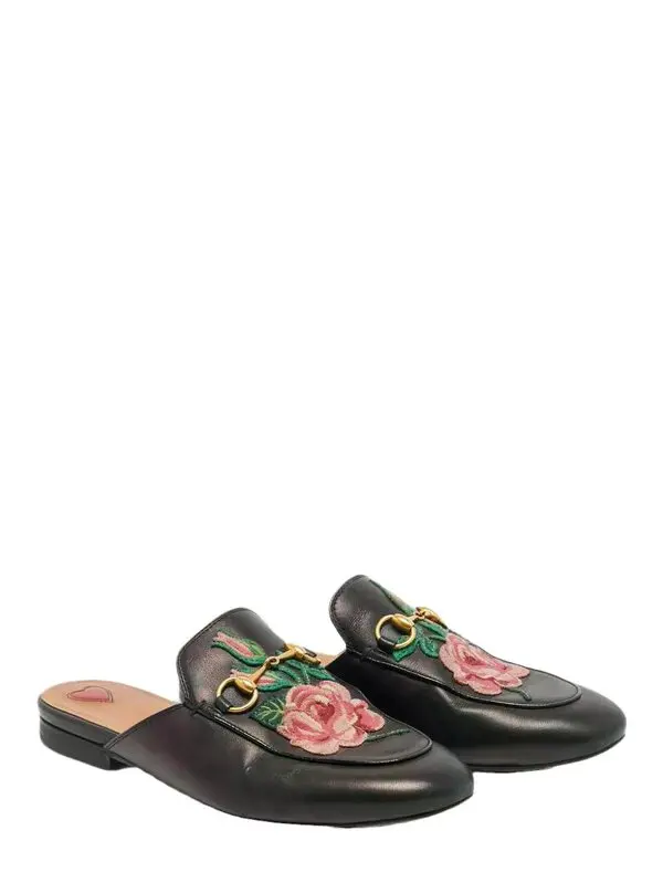 Gucci Princetown Leather Floral-embroidered Mules - Brown