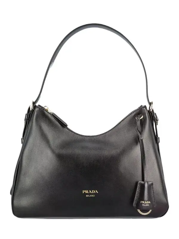Prada Leather Shoulder Bag With Logo Lettering - Black