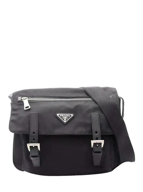 Prada Tessuto Zip Double Buckle Messenger Bag - Black