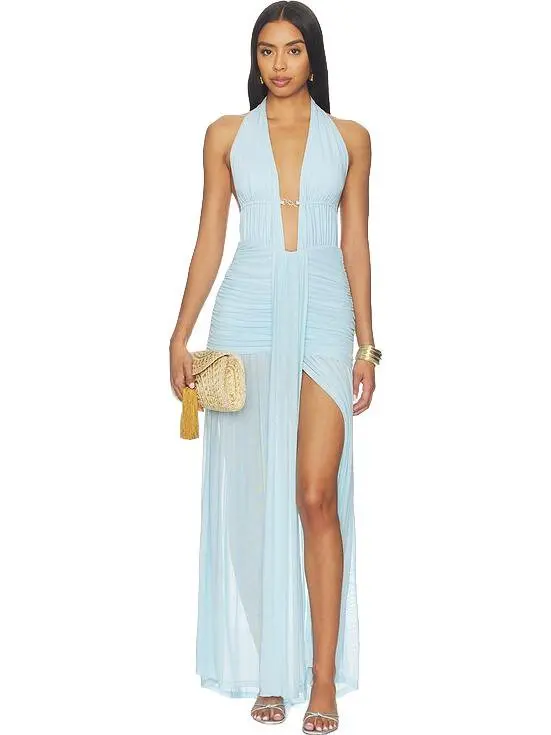 RUNAWAY THE LABEL Adrianna Plunge Ruched Maxi Dress - Blue