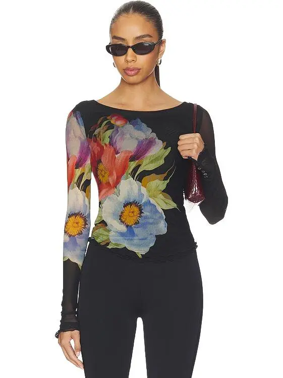 Free People Lilly Printed Long Sleeve Top - Black