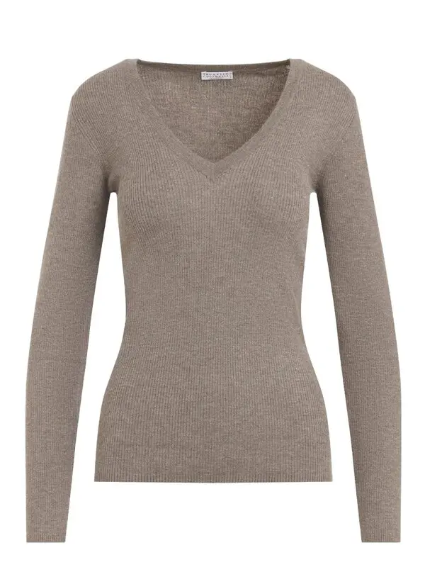 Brunello Cucinelli Ribbed V-neck Long Sleeve Sweater - Brown