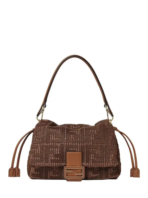 Fendi Mamma Baguette Medium Raffia Handbag With Ff Embroidery - Multicolor